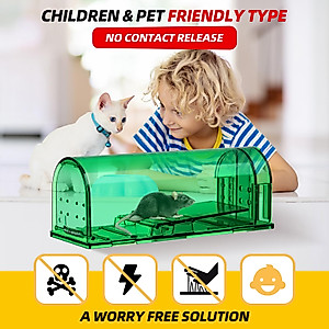 WHEELIO Mouse Traps, 4 Pack Humane Mouse Traps for Indoors and Outdoors, Reusable Live Catch and Release Mouse Traps with Cleaning Brush and Gloves, Quick, Effective and Easy to Clean, Green