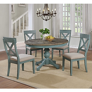 Roundhill Furniture Prato 5-Piece Round Dining Table Set with Cross Back Chairs, Antique Blue and Weathered Walnut