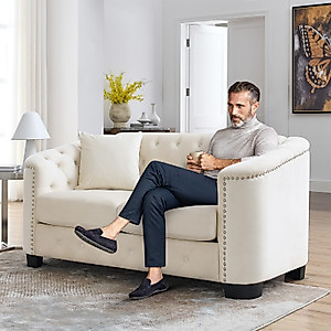 JEEOHEY Sofa,Chesterfield Sofa,Velvet Sofa Couch,Oversized Loveseat Sofa,2 Seater Sofa Chair with Button Nailhead,Upholstered Deep Seat Sofa,Futon Couches for Living Room,Bedroom,Office(Beige