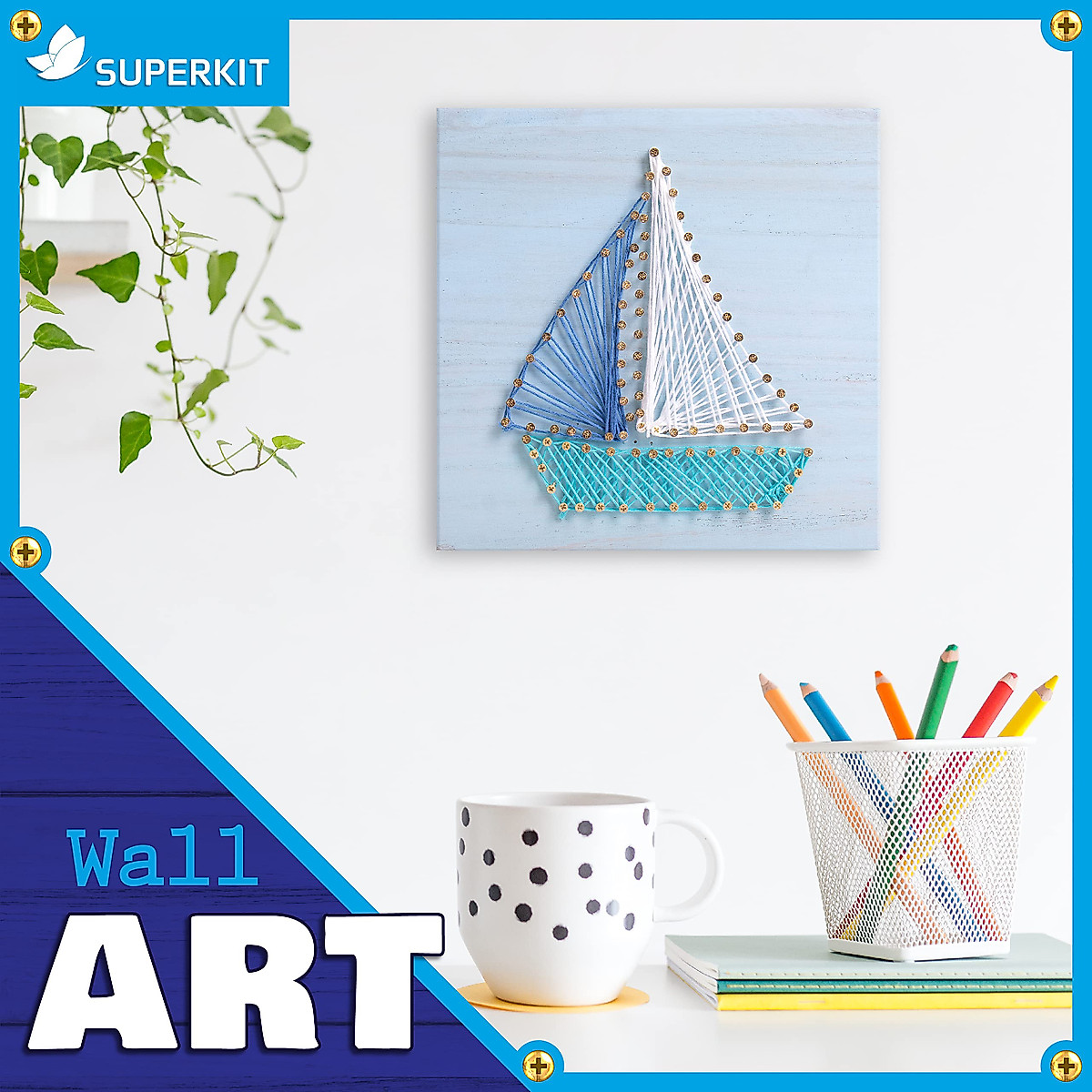 Superkit Boat String Art Kit: Complete 3D Wood DIY Art Craft Set, Marked Holes, 3 Colored Skeins, Screws, Screwdriver, Paints, Foam Brush, Ages 7+
