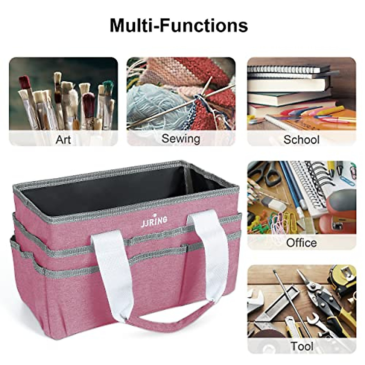 JJRING Craft Organizer Tote Bag, Art Storage Caddy with Multiple Pockets, Pink Sewing Bag for Art, Craft, Scrapbooking, School, Medical, and Office Supplies Storage