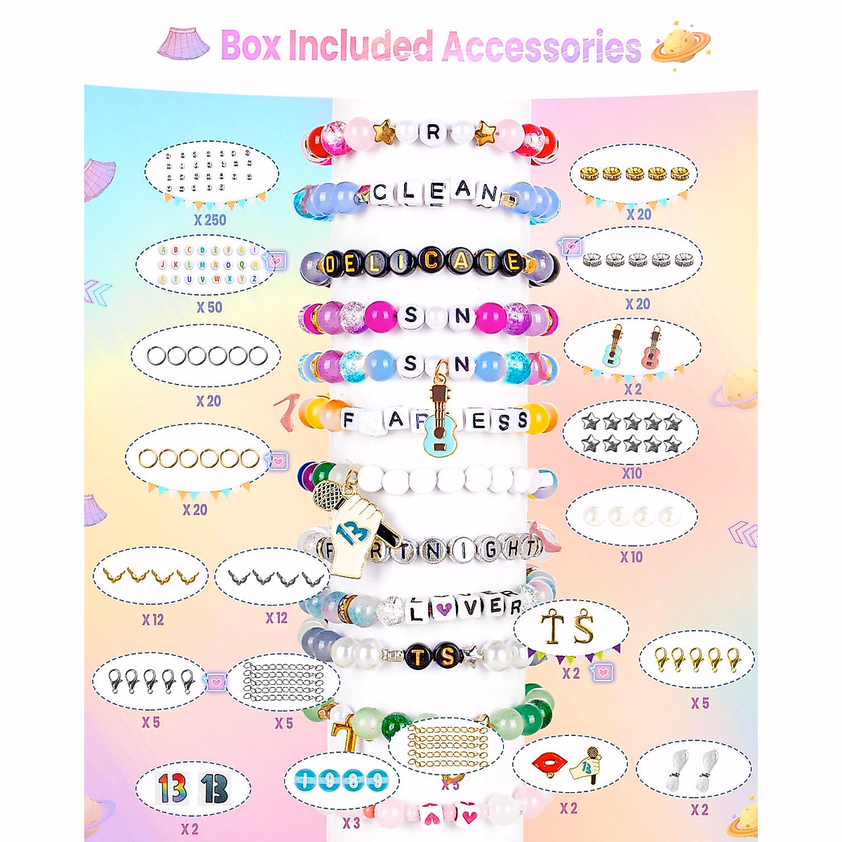 Goldwise Friendship Bracelet Making Kit for Fans -19 Colors(Album Inspired) 8mm Glass Beads for Jewelry Making,Letter Beads (A-Z),Varieties of Charms, DIY Crafts for Gifts Birthday