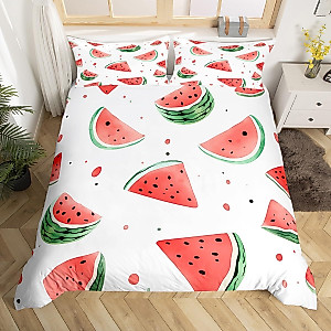 Manfei Watermelon Kids Duvet Cover Set Full Size,Summer Tropical Fruits Rustic Bedding Set,Boys Girls Room Decor,Hand Drawn Watercolor Watermelon Comforter Cover,Red Green Quilt Cover,2 Pillowcases