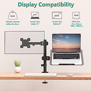WALI Laptop and Monitor Stand Fully Adjustable Monitor Mount and Laptop Tray for 1 Laptop Notebook up to 17 inch and 1 Screen up to 27 inch, 22 lbs, Weight Capacity (M001LP), Black