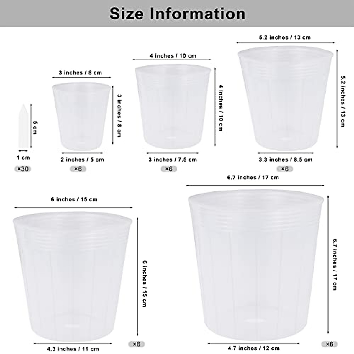 ELCOHO 30 Pack Plants Nursery Pot Soft Clear Plastic Planter 6.7/6/5/4/3 Inch Seed Starting Pots Flower Plant Pots with Drainage Hole Plant Container with 30 Labels for Seedlings Succulent Vegetable