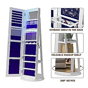 FOMNEY 360° Swivel Jewelry Armoire with Mirror, 63" H Full Length Mirror with LED Lights, Jewelry Cabinet/Organizer with Makeup Shelf for Bedroom (White)