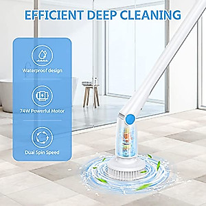 Electric Spin Scrubber, AKKTOL Cordless Cleaning Brush Up to 300RPM, 6 Replaceable Waterproof Brush Heads and Extension Arm, 1.5H Runtime Power Shower Scrubber for Bathroom, Tub, Tile, Floor, Wall