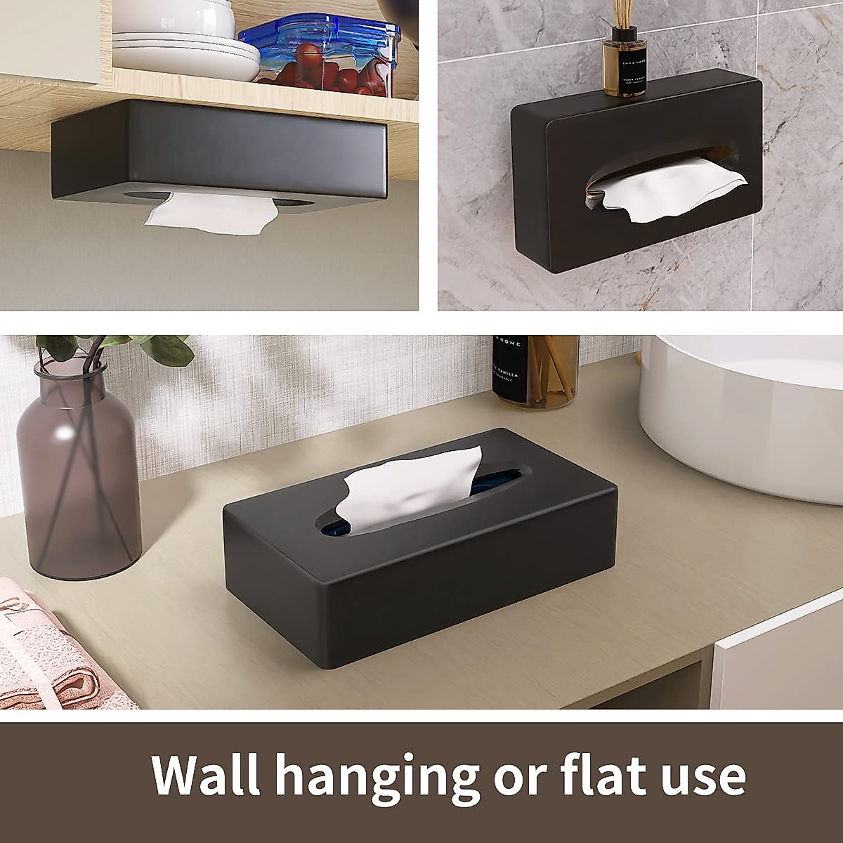 Y-in Hand Tissue Box Cover, Rectangular Black Wall Mounted Facial Paper Holder Dispenser, Prefert for Storage on Bathroom Vanity, Kitchen, Night Stand, Countertops Office and Car.