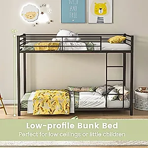 Giantex Metal Bunk Bed Twin Over Twin, Low Profile Bunk Bed Frame with Ladder & Full Length Guardrail, Space-Saving Twin Size Bed Frame for Kids Teens, No Box Spring Needed, Black