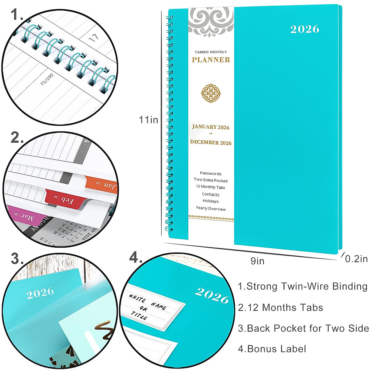 Monthly Planner/Calendar 2023-2024 - 2023-2024 Monthly Planner, Jul. 2023 - Dec. 2024, 8.5" x 11", 18-Month Planner 2023-2024 with Tabs, Pocket, Label, Contacts and Passwords, Twin-Wire Binding - Teal by Artfan