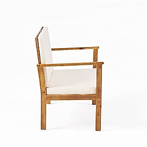 Christopher Knight Home Luciano Outdoor Acacia Wood Bench with Water Resistant Fabric Cushions, Brown Patina / Cream