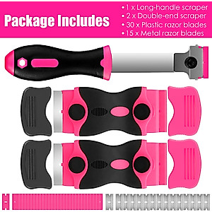 Razor Blade Scraper, THINKWORK 3Pcs Pink Razor Scrapers with 15pcs Metal and 30pcs Plastic Blades, Scraper Tool for Cleaning Paint, Decals, Adhesive, Caulk, Stickers, Glass, Labels, Window, Stovetop