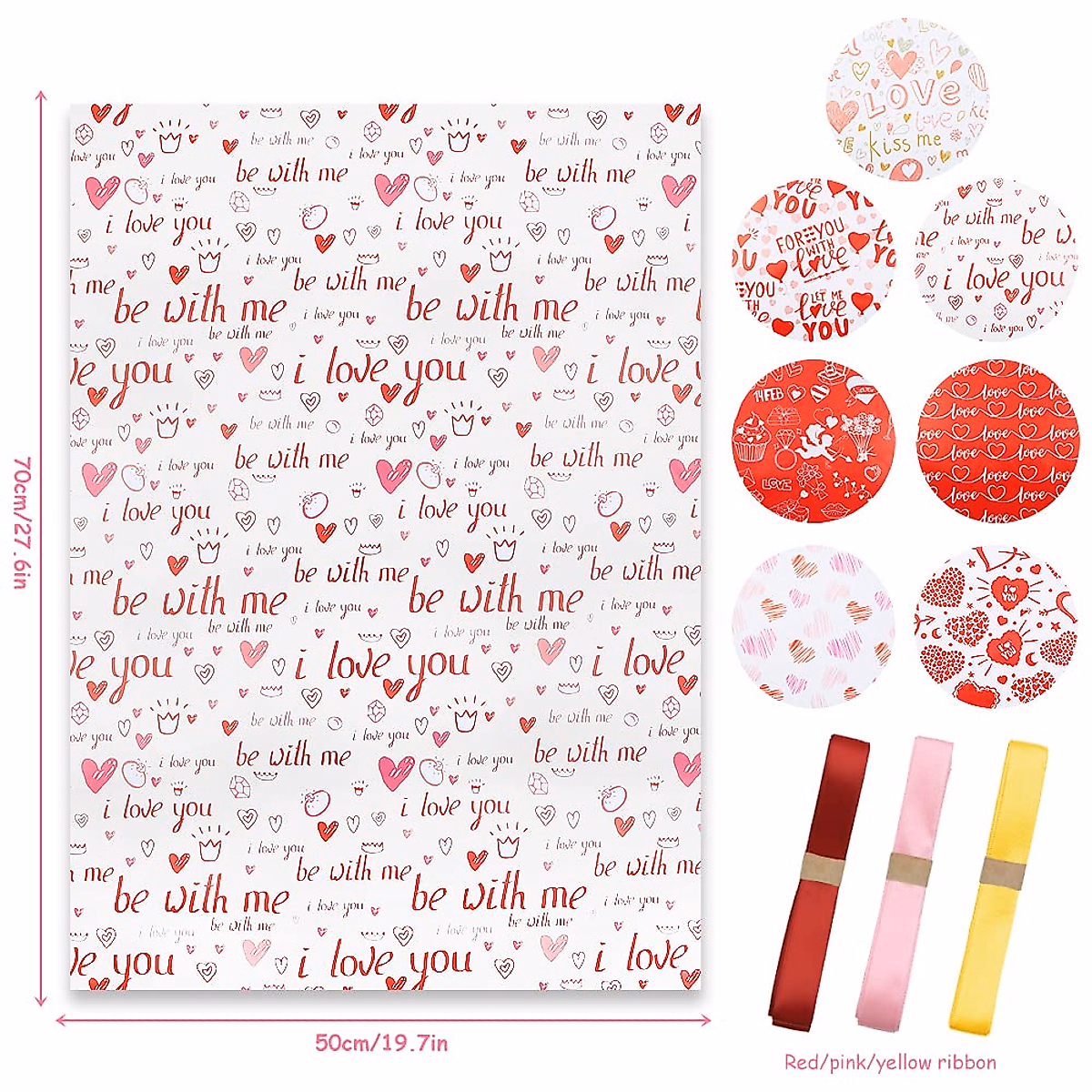 Valentine's Day Gift Wrap Paper,7 Sheets 7 Design Red White Pink Heart Wrapping Paper Set,Funny Love Wrapping Paper With 3-Color Ribbon For Adult Men Women Mothers Fathers Day Birthday Holiday Wedding