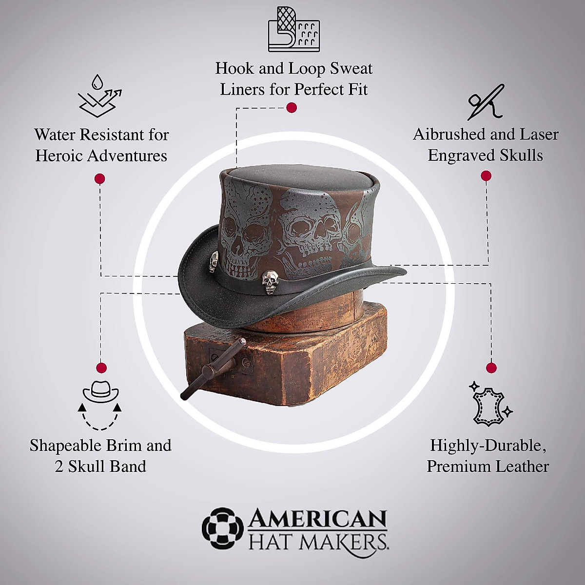 American Hat Makers Silver Skull Top Hat - Laser Engraved - Top Grain Black Leather Hat, Large