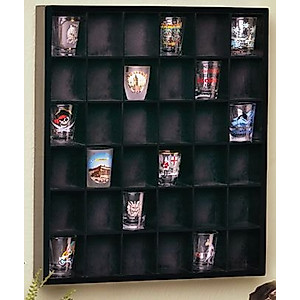 36-Cubby Shot Glass Display Case with Easy Wall Mounting Hooks - Durable Wood Construction with Sleek Black Finish - Versatile Use for Mini Collectibles