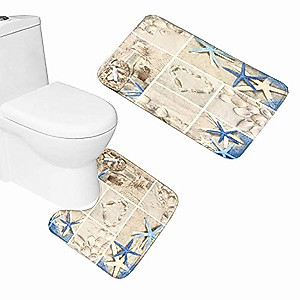 Amagical Blue Starfish Seashell Conch 3 Piece Shower Curtain Bathroom Mat Set Wishing Bottle Love Stone Design Bath Mat + Contour Mat + Shower Curtain + 12 Hooks