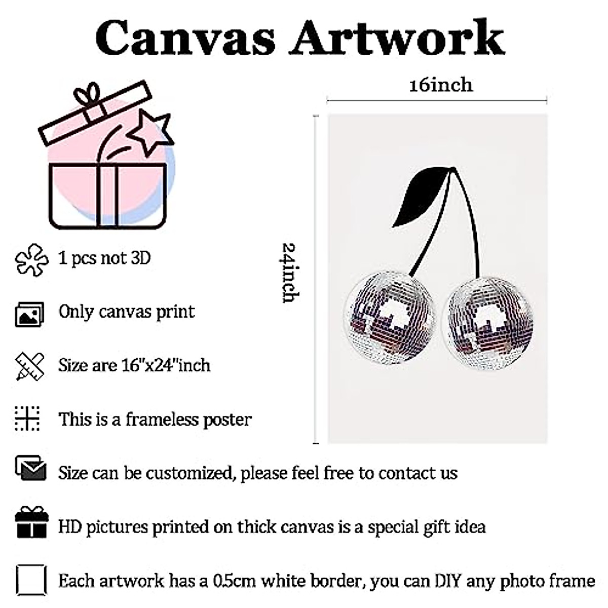 Disco Ball Painting Canvas Trendy Funky Posters Cherry Art Print Disco Party Wall Poster Disco Ball Artwork Bar Cart Decor Canvas Ball Aesthetic Balls Silver Wall Art Trendy Picture 16x24inch No Frame