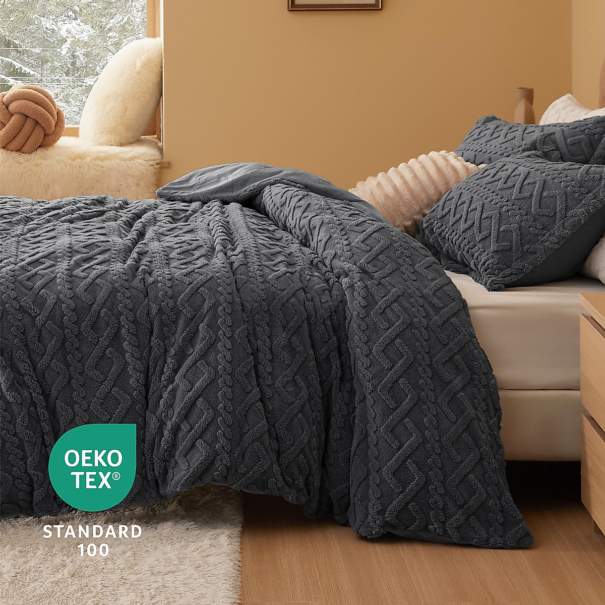 Bedsure Fluffy Comforter Cover Set - Faux Fur Duvet Cover King Size, Dark Grey Plush Quilt Cover, 3 Pieces,1 Duvet Cover (104"x90") with Zipper Closure and 2 Pillow Shams, Comforter Not Included