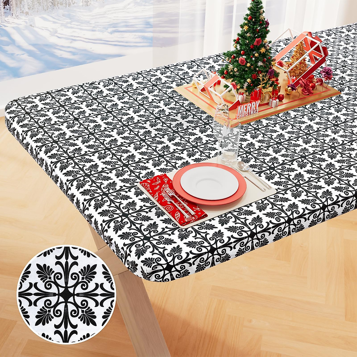 misaya Rectangle Vinyl Table Cloth, Elastic Fitted Flannel Backed Tablecloth, 100% Waterproof Plastic Table Cover Fits 6 Foot Folding Tables for Picnic, Camping, Outdoor (Black, 30" x 72")