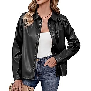 luvamia Faux Leather Jackets for Women Long Sleeves Vegan Leather Shackets Jacket Side Pockets Trendy Moto Biker Coat Womens Shacket Fall Outfits for Women 2023 Black Blazer for Women Size 16 Size 18