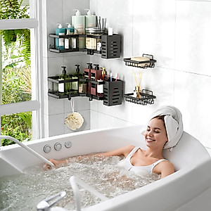 NECHEGI Corner Shower Caddy 6 Pack Strong Adhesive Shower Organizer Shelves with 20 Hooks & Soap Toothbrush Holder, Stainless Steel Corner Shower Shelves, No Drilling Adhesive Large Shower Storage