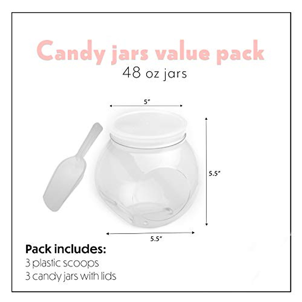 Upper Midland Products [3PK] Candy Jars For Candy Buffet With Candy Scoops - 48 Oz Clear Gumball Candy Buffet Bar Containers Set Plastic Candy Display Jars With Lids For Party, Candy Table Buffet