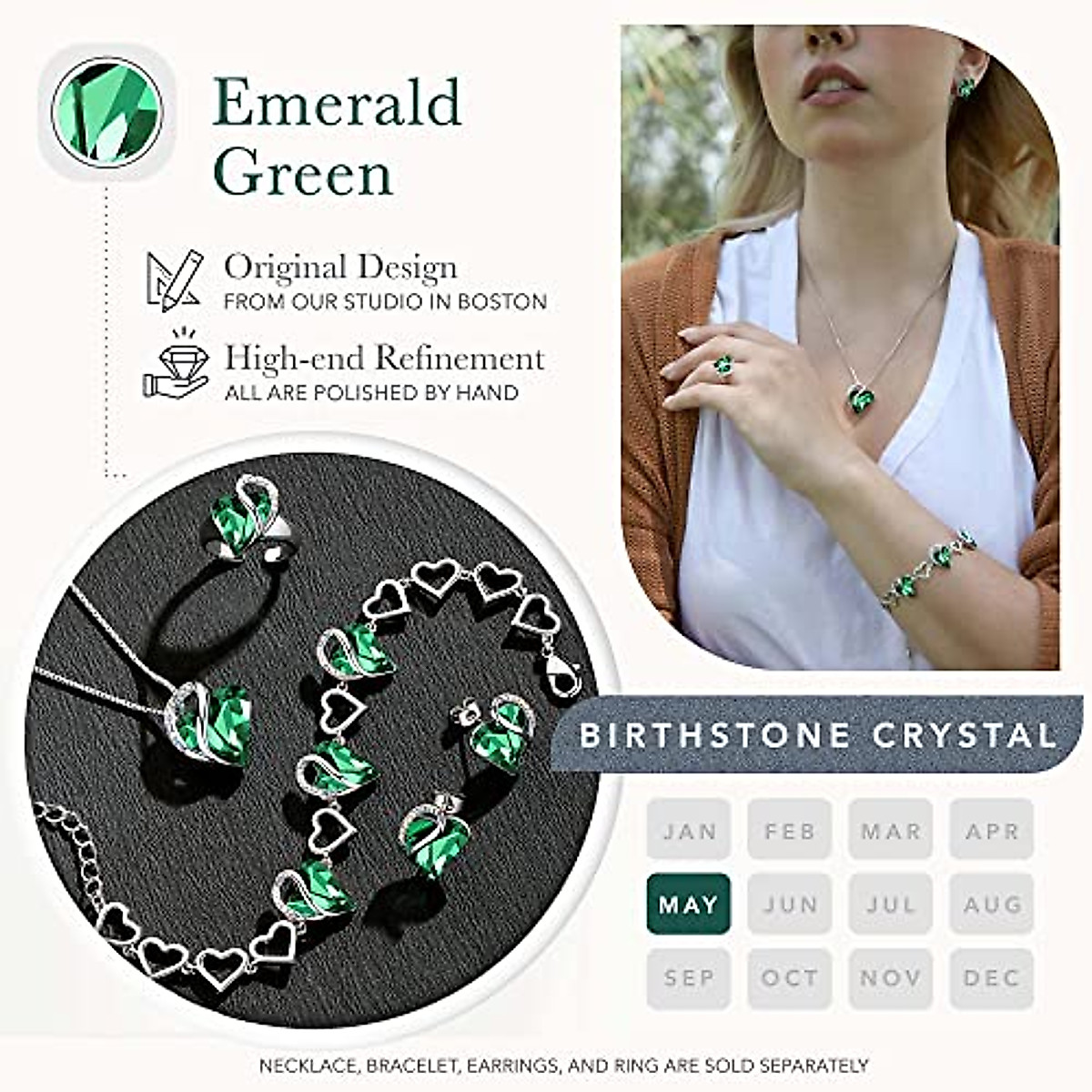 Leafael Infinity Love Heart Link Bracelets, May Birthstone Crystal Bracelet for Women, Silver Tone Jewelry Gifts for Her, Emerald Green, 7-inch Chain and 2-inch Extender