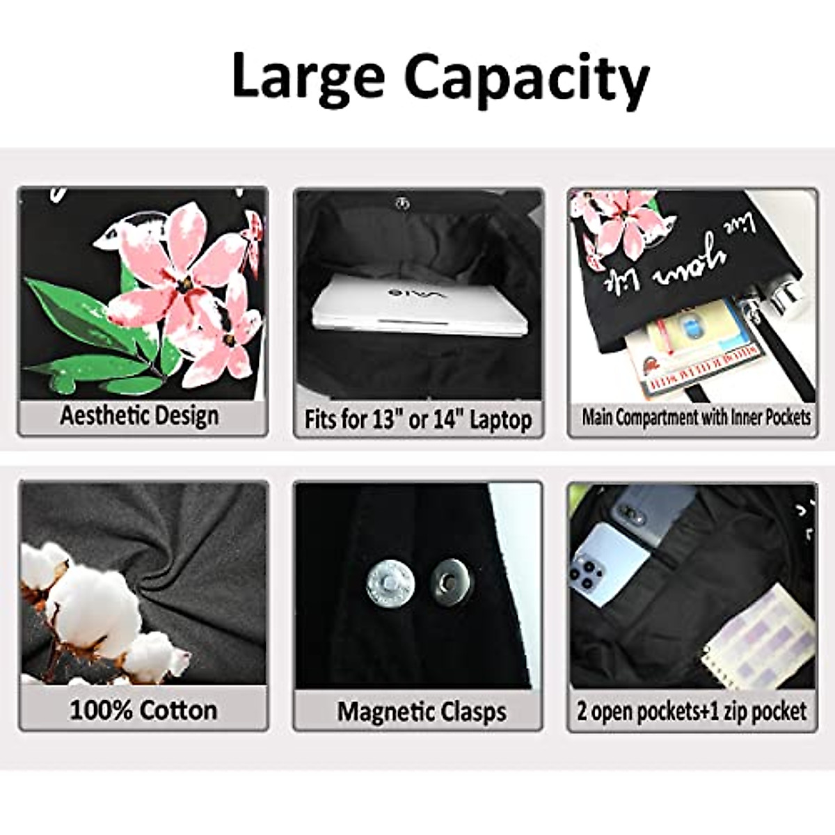 MEL JUN Canvas Tote Bag for Women, Light Beach Bags Gym Tote Reusable Grocery Bag Reading Totes Weekend Church Bag Black Floral Tote Bags with Pink Flower