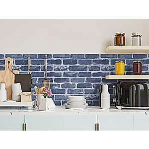 Timeet Blue Brick Wallpaper Peel and Stick Wallpaper 17.7" x 118.11" Self-Adhesive Removable Brick Textured Wallpaper Waterproof Backplash Living Room Wall Decor