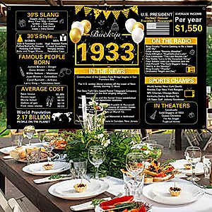 Crenics Black Gold 90th Birthday Decorations, Vintage Back in 1933 Birthday Backdrop Banner, Large 90 Years Old Birthday Anniversary Poster Photo Background Party Supplies for Women Men, 5.9 x 3.6 Ft