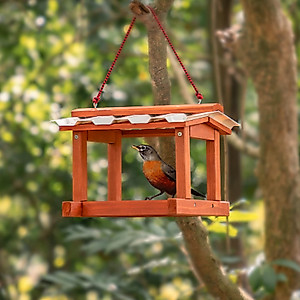 PETSFIT Wooden Bird Feeder, Fly Through Platform with PVC Roof for Outside Hanging, Garden Backyard Decor, Great for Attracting Birds, Gift for Bird Lovers