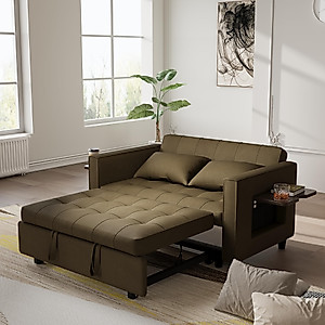 Bocarali 58" W Convertible Sofa Bed, 3 in 1 Velvet Upholstered Loveseat Sleeper with Adjustable Back, Modern 2 Seater Sofa with Put Out Bed, 2 Pillows Wing Tables for Living Room, Light Brown