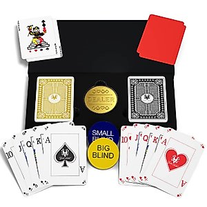 Gold Label Casino Poker PEEK Playing Cards - 100% Plastic Waterproof, Flexible PVC Standard Cards, Black/Gold Double-Deck Set, with Gold Dealer, Small and Big Blind Button, and Red Plastic Cut Cards