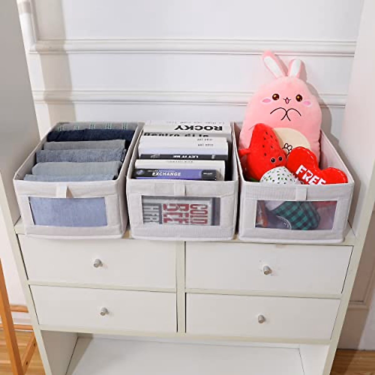 BDZBREN 4Pack Linen Storage Bins，Storage Containers for Organizing Clothing, Jeans, Toys, Shelves, Closet, Wardrobe - Closet Organizers and Storage，Foldable Large Storage Boxes Baskets with Window