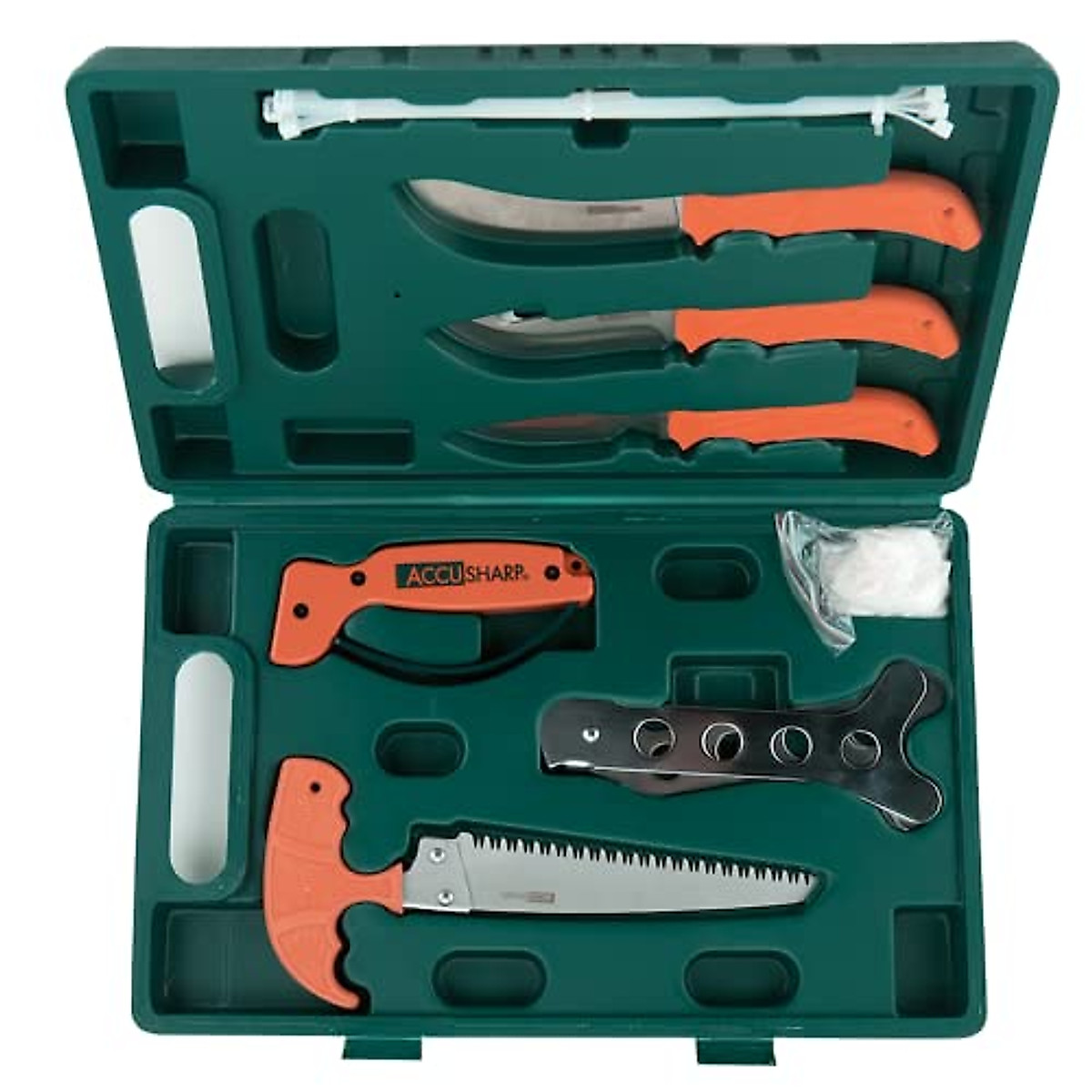 AccuSharp Hunting Kit, 9 Piece Processing Kit with 3 Hunting Knives, Bone Saw, Ribcage Spreader, Zip Ties, Gloves & Knife Sharpener, Complete Game Processing Kit with Case