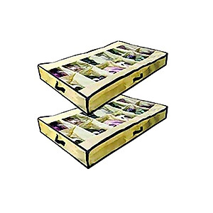 Shonpy 2pcs Men/Woman 12 Cells See Through Underbed shoes and boots Storage Bag Organizer with PVC window (2) (beige)
