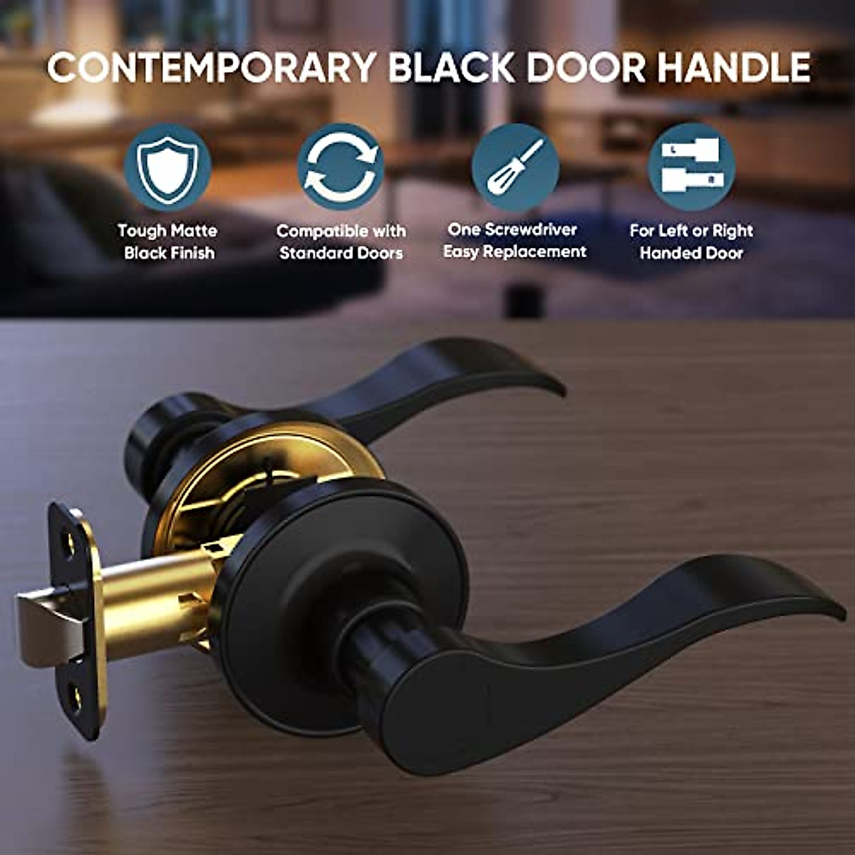 TICONN Black Door Handle, Traditional Wave Style Matte Black Reversible Door Lever for Interior Doors and Closet (Passage, 1-Pack)