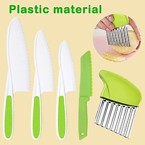 Alrens Kid Safe Knives, 8 Pcs Toddler Knife Set Include Crocodile Wooden Knife for Kids, Serrated Edges Plastic Toddler Knife, Potato Peeler, Cutting Board, Knives Set for Kids Learning