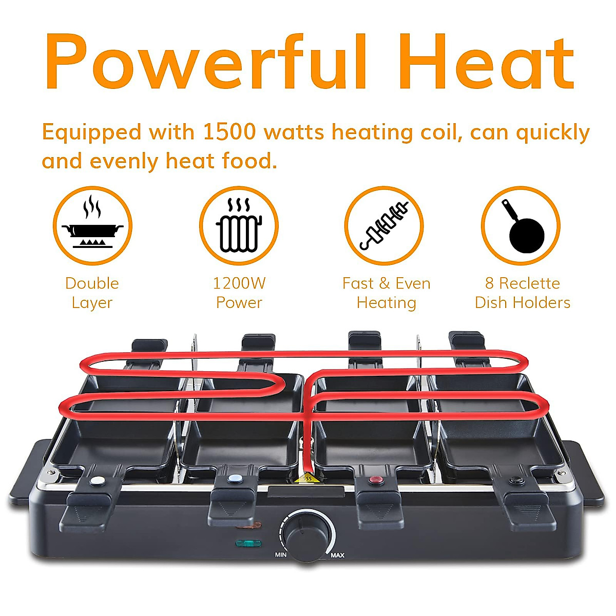 M Minca 1500 Watt Electric Raclette Grill, Korean BBQ Grill, Table Portable 2 in 1 Indoor & Cheese Raclette, Removable Hot Plate, Adjustable Thermostat, with 8 x Mini Cheese Pans & Spatulas