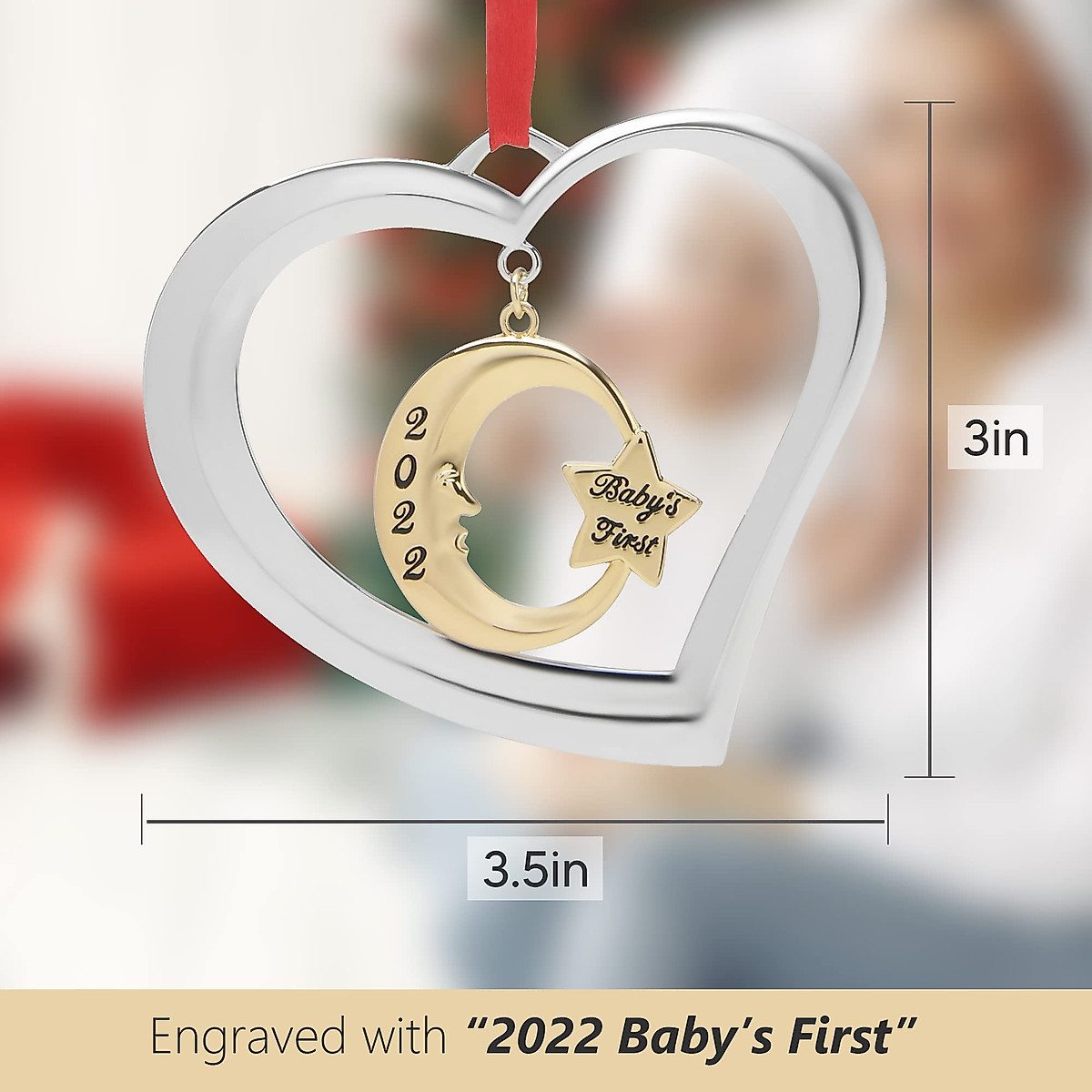 Holiday Jingle Baby First Christmas Ornament 2022 – 1st Christmas Baby Ornament 2022 – Gold Moon and Nickel-Plated Heart My First Christmas 2022 Baby Keepsake
