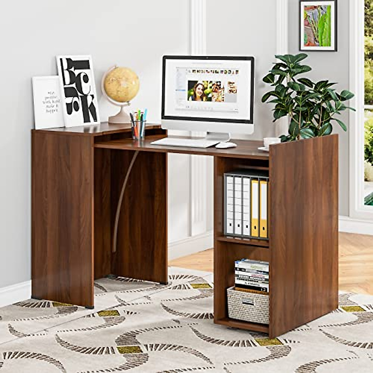 Tangkula Extendable Computer Desk for Small Space, Reversible Study Writing Desk with Mobile Shelves & Anti-Tipping Kit, Home Office Desk, Pull-Out Laptop Workstation Desk (Brown)