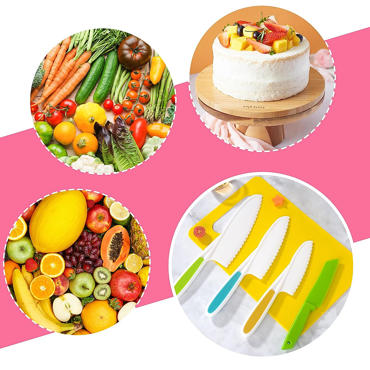 Reaeon 5 Pcs Kids Cooking Sets Real, Montessori Kitchen Tools, Kids Knife Set for Real Cooking, 4 Pcs Children's Safety Cooking Knives, 1 Pc Cutting Board, Serrated Edges Toddler Girl Boy