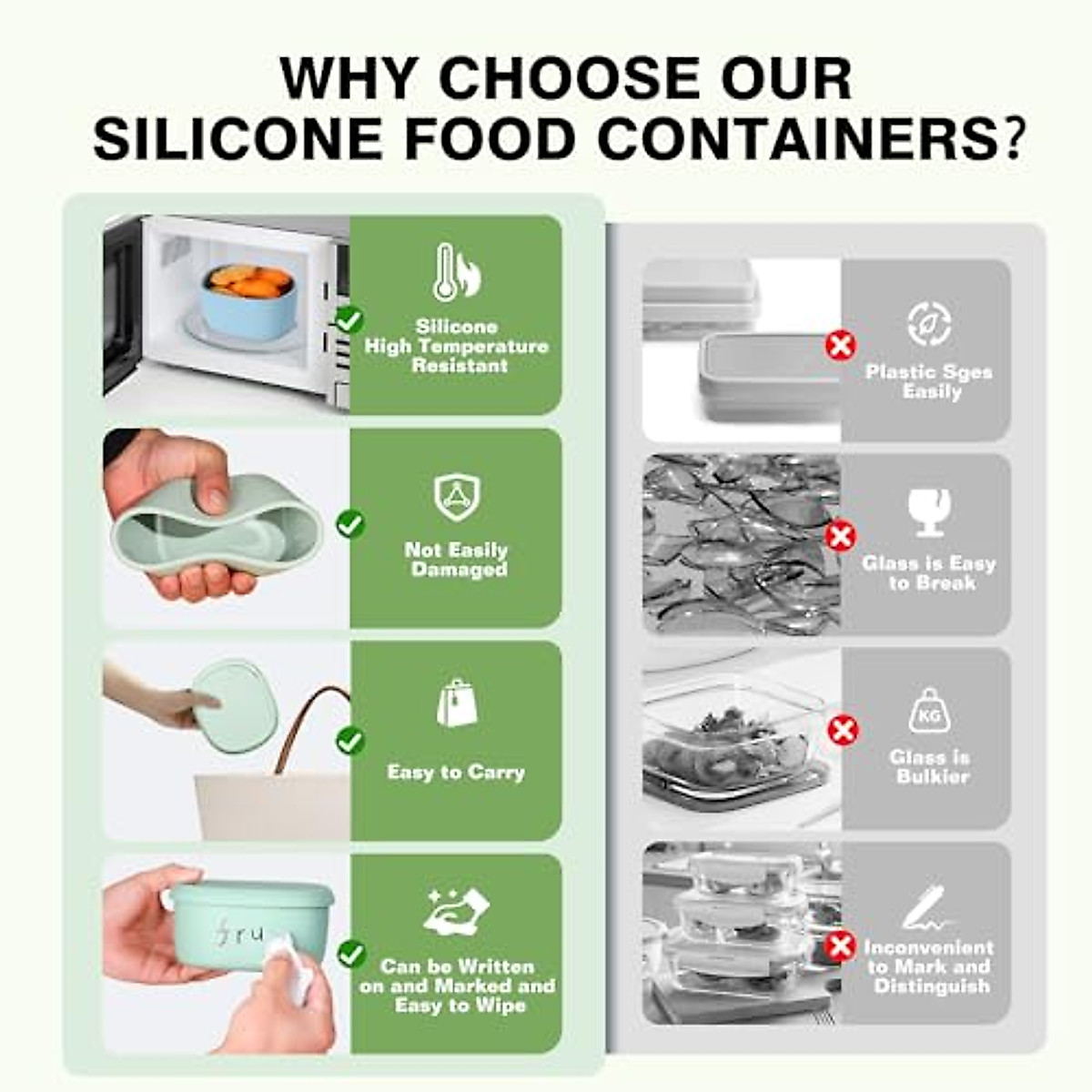 mwellewm 6 Pcs Silicone Food Storage Containers with Lids, Nesting Silicone Snack Box Containers Set Reusable Airtight Dishwasher and Freezer Safe Carry(6.7oz, 10oz, 20oz) - Green and Blue