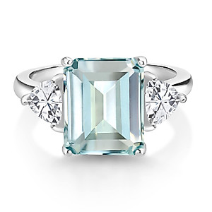 Gem Stone King 925 Sterling Silver Sky Blue Simulated Aquamarine 3 Stone Engagement Ring For Women (6.95 Cttw, Emerald Cut 12X10MM, Trillion 5MM, Available In Size 5, 6, 7, 8, 9)