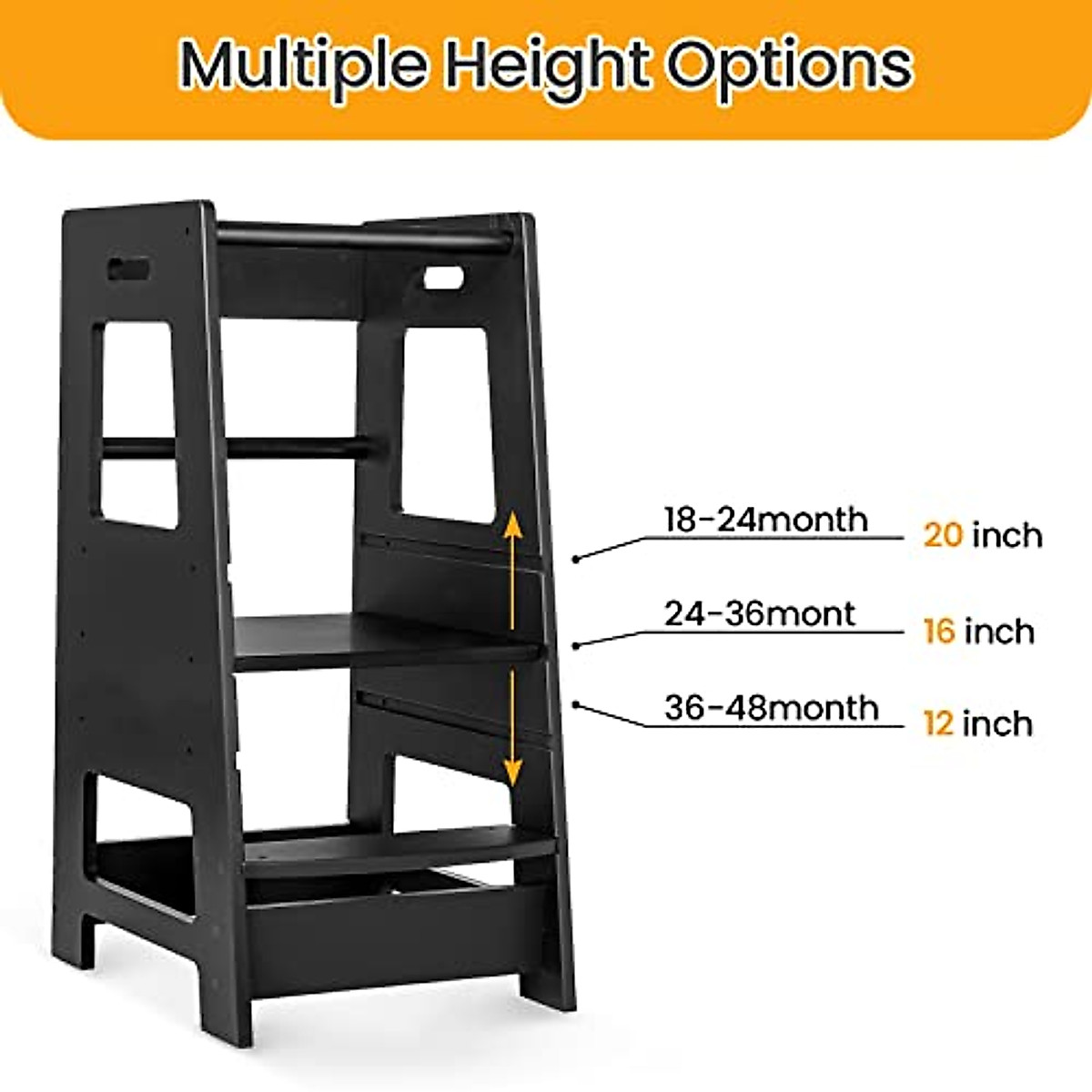 LUSIMO Toddler Step Stool Nursery Standing Tower Wooden Kids Step Stool with Safety Rail Height Adjustable Toddler Learning Tower with Anti-Slip Protection Support Up to 165lbs Black