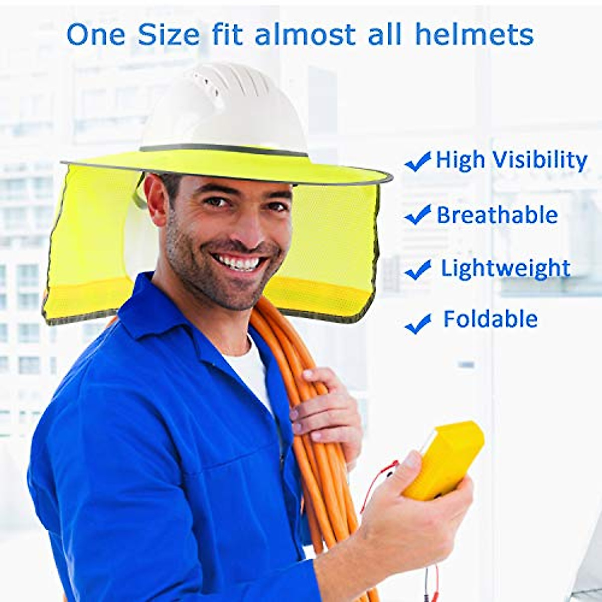 4 Pack Hard Hat Sun Shade - Full Brim Mesh Hard Hat Sun Shield Neck Sunshade with Reflective Strip Hard Hat Sun Visor for Hard Hat Accessories (Neon Yellow)