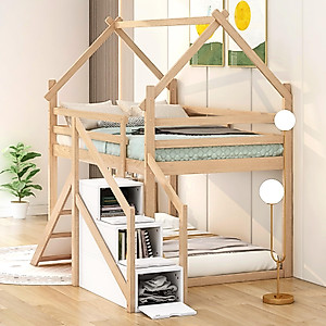 Merax Twin Over Twin Bunk Bed with Slide and Storage Stairs for 2 Kids, Boys, Girls, Teens, Wood House Bed Frame & Full-Length Fence for Children's Room, Bedroom, Solid Wooden Slats Support, White