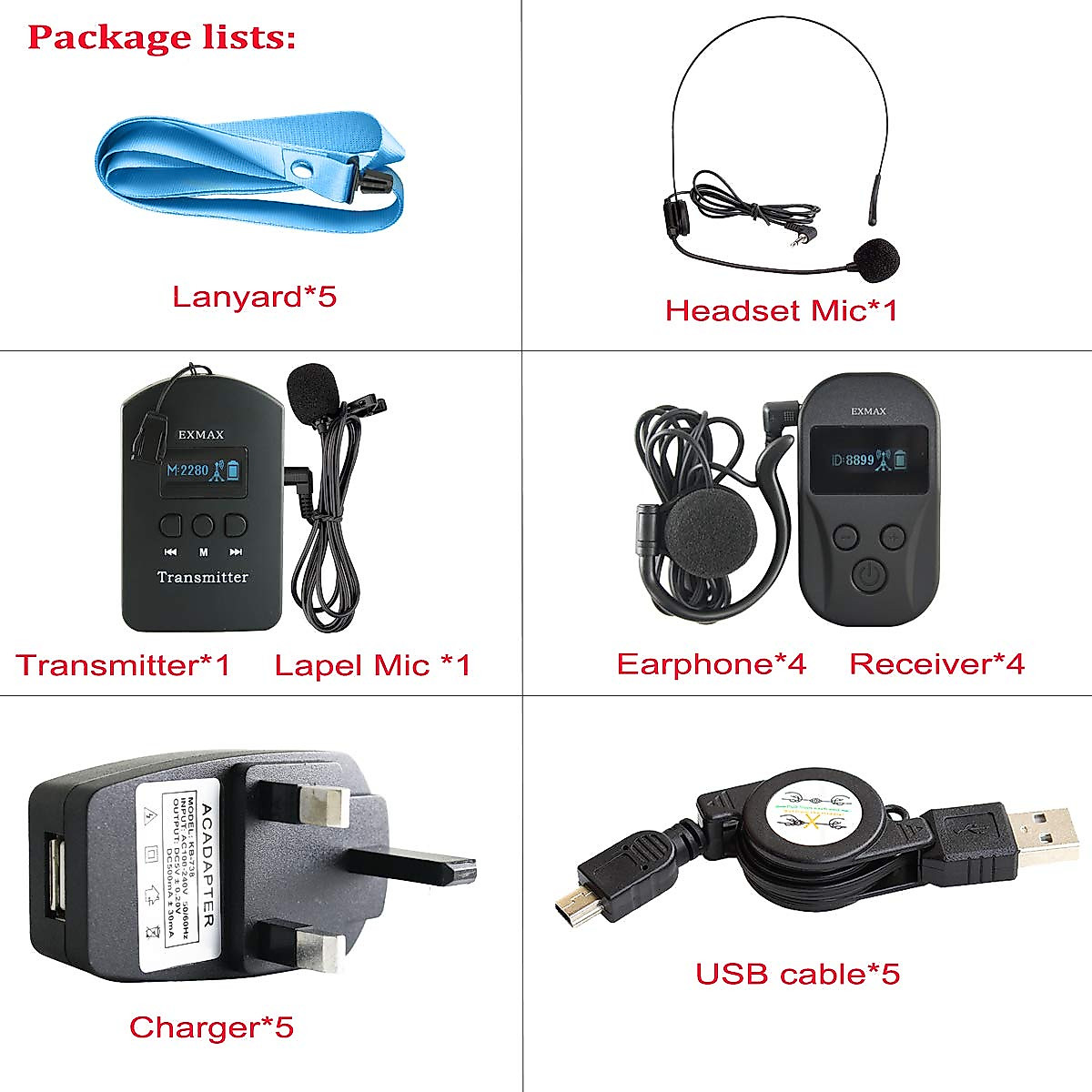 EXMAX EXD-101 2.4GHz Professional Wireless Tour Guide System with 9999 Available Channels to Work for the Reception of VIPs Visited the Factory,Seminars or Exhibitions(1 Transmitter & 4 Receivers)