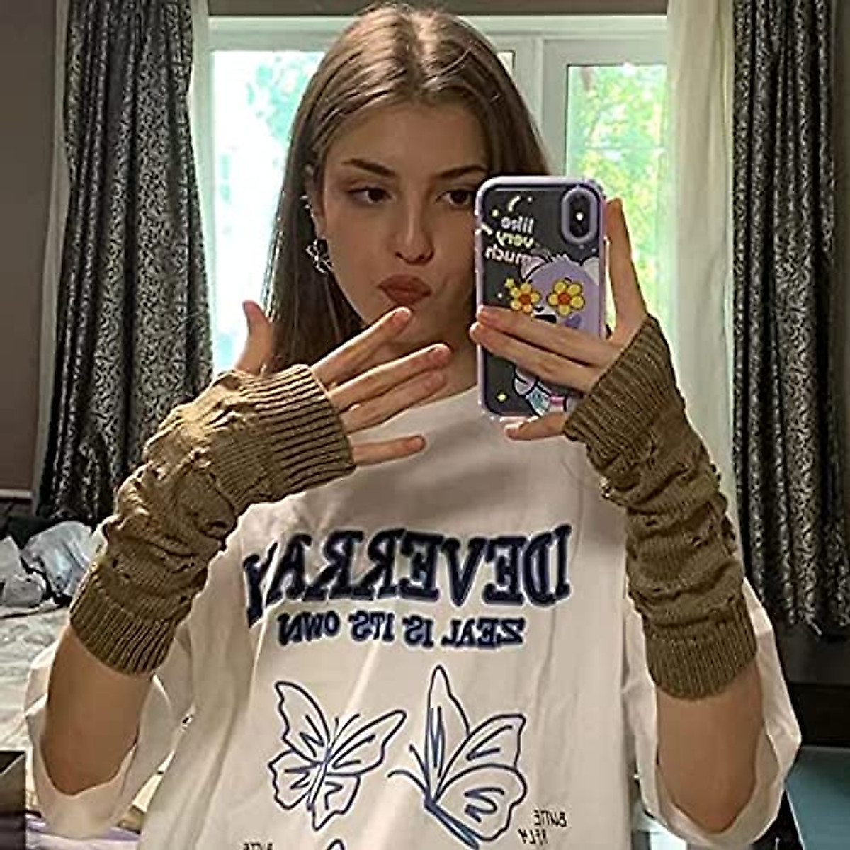 Dalulu Grunge Gloves Fairy Grunge Accessories Ripped Glove Crochet Glove Grunge Clothes y2k Fairy Grunge Aesthetic Arm Warmers (Khaki)