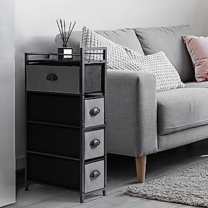 Narrow Dresser - 4 Drawers Slim Fabric Storage Cabinet - Vertical Standing Storage Chest - Gaps Tower Organizer with Removable Drawers and Wooden top for Laundry,Living Room,Entryway (Black_Side pull)